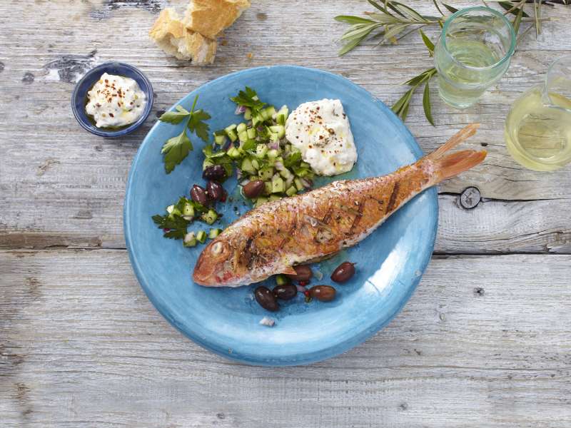 Rezept: Gegrillte Meerbarbe mit Gurkensalat